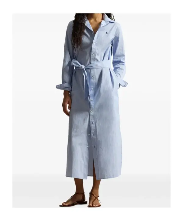 Polo Ralph Lauren Striped Logo Embroidered Midi Shirt Dress