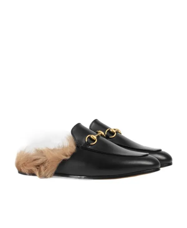 Gucci Princeton Fur Mules With Gold Hardware