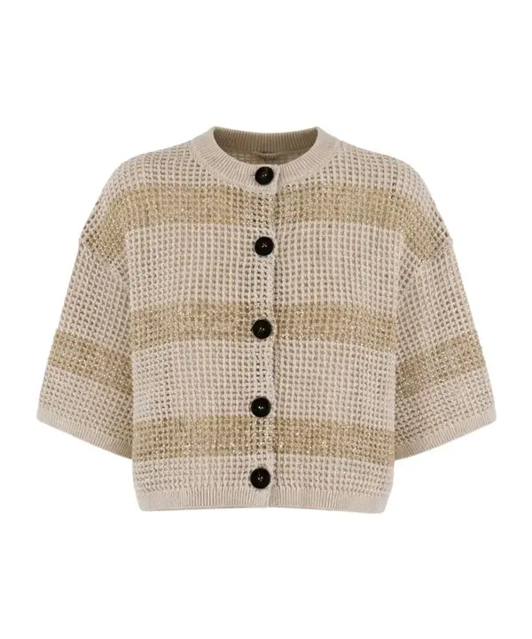 Brunello Cucinelli Cropped Cardigan With Sequined Stripes - Beige