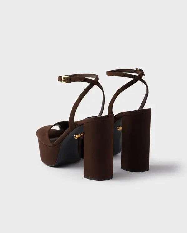 Prada Suede Platform Sandals With Adjustable Ankle Strap - Dark Brown