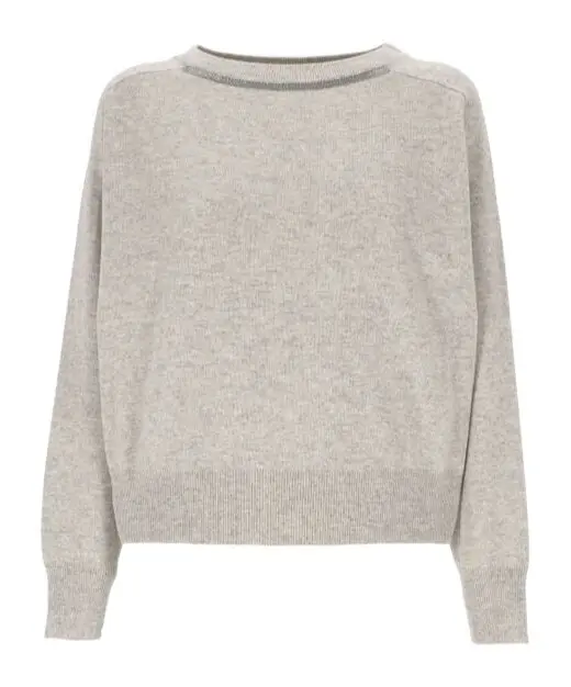 Brunello Cucinelli Smile Monile" Embellished Round Neck Sweater - Light Gray
