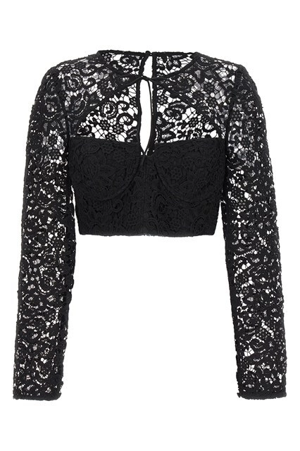 SELF-PORTRAIT Lace Cropped Top With Corset Neckline And Tie Detail - Black