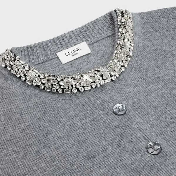Celine Embroidered Cropped Cashmere Cardigan - Gray