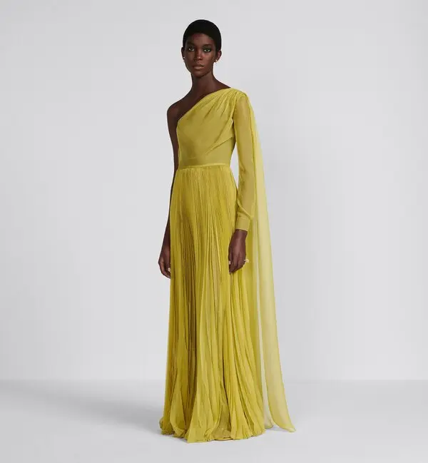 Dior Asymmetric Silk Chiffon Pleated Maxi Dress