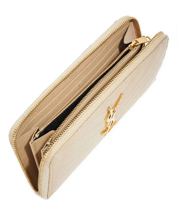Saint Laurent Monogram Zip Around Wallet In Grain De Poudre Embossed Leather - Nude