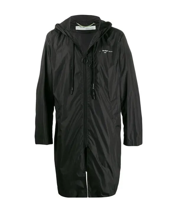 Off-White Mid-length Zipped Raincoat With Hood And Logo Detail - Black