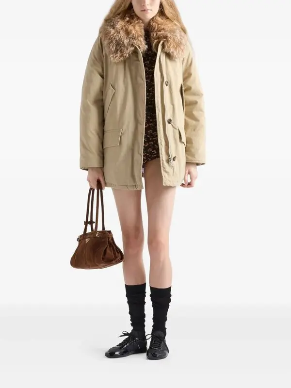 Prada Long-sleeved Button-up Coat With Fur Collar