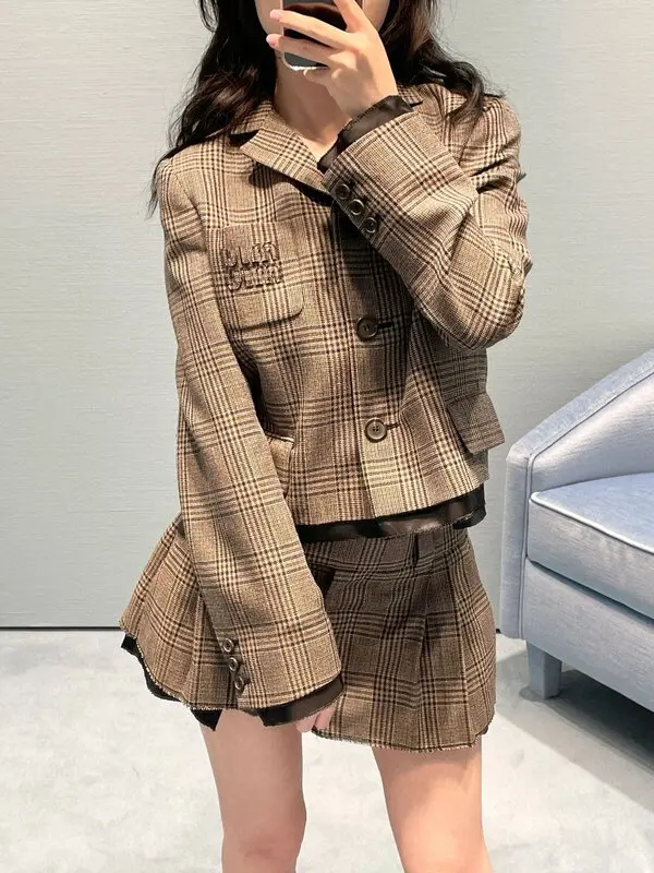 Miu Miu Pleated Plaid Mini Skirt - Brown