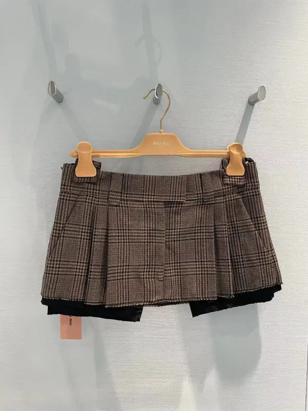 Miu Miu Pleated Plaid Mini Skirt - Brown