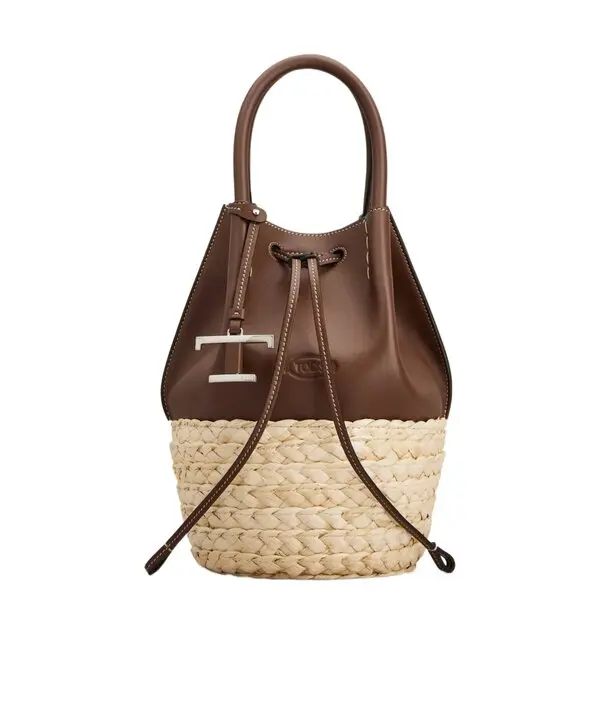 TOD'S Logo Embossed Panelled Bucket Bag - Brown, Natural Color