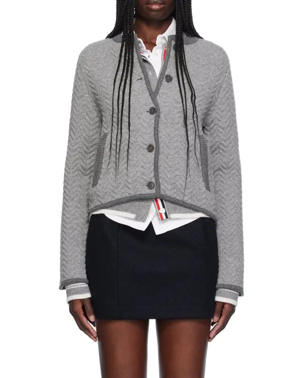 Thom Browne Herringbone 3d-knit Cardigan - Light Gray