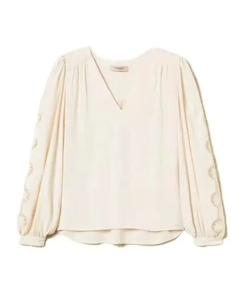TWINSET Embroidered Crepe Blouse With V-neck And Geometric Details - White