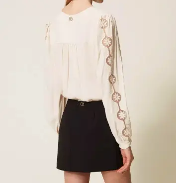 TWINSET Embroidered Crepe Blouse With V-neck And Geometric Details - White