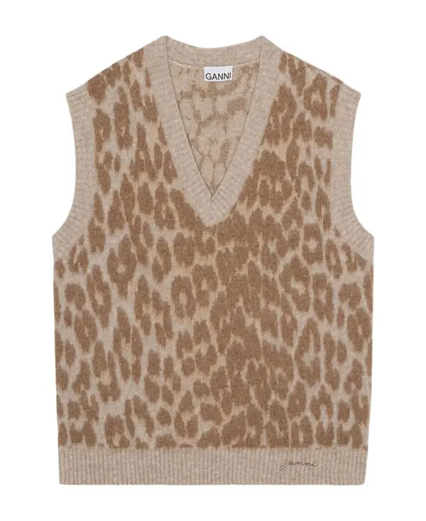 GANNI Leopard Jacquard Knitted Vest - Brown