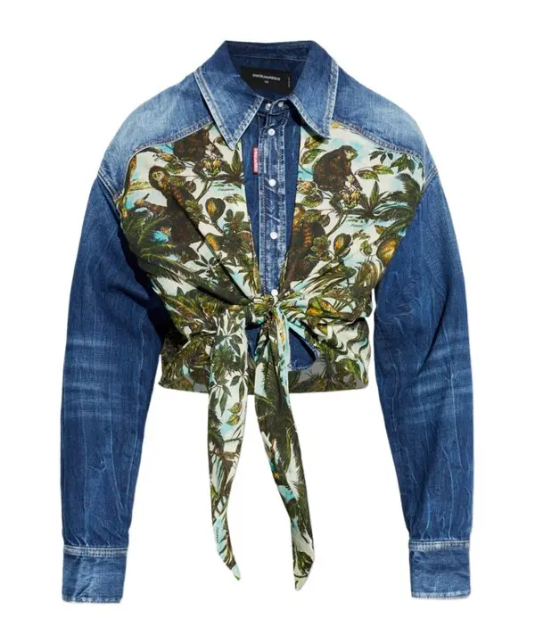 Dsquared2 Monkey Business Cropped Denim Shirt With Tropical Motifs - Blue