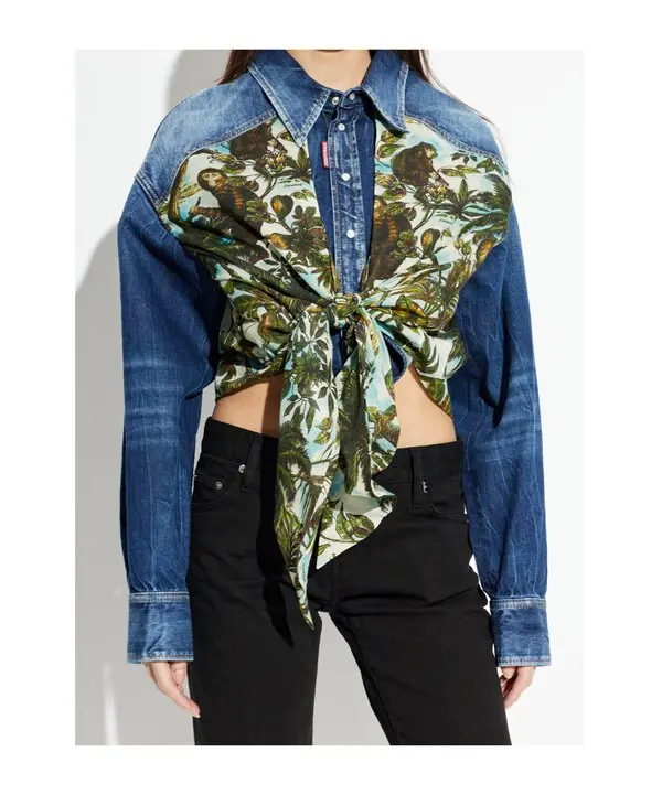 Dsquared2 Monkey Business Cropped Denim Shirt With Tropical Motifs