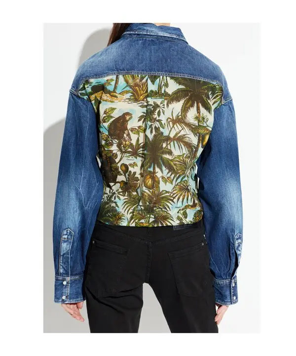 Dsquared2 Monkey Business Cropped Denim Shirt With Tropical Motifs