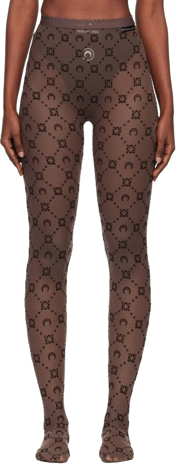 MARINE SERRE Moon-floral Flocked Mesh Tights - Brown