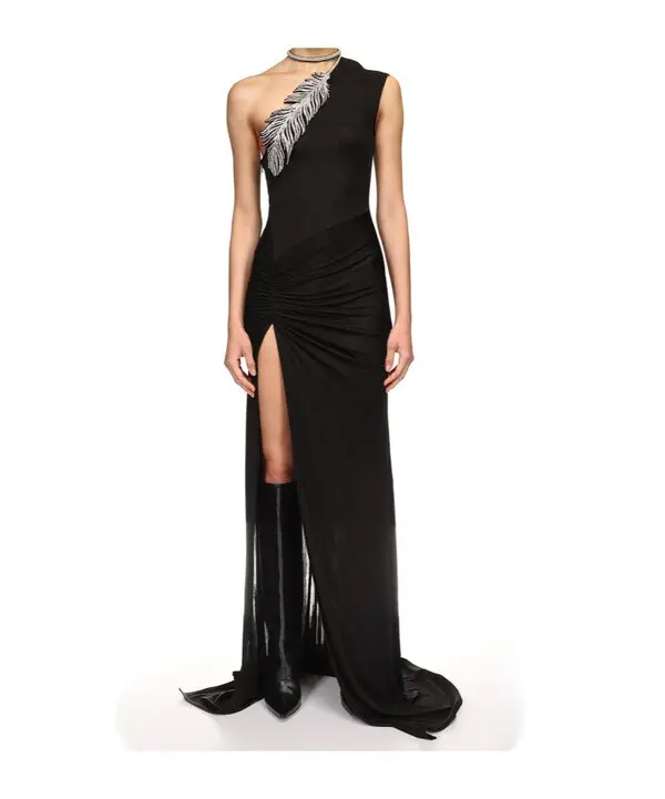 David Koma Crystal Feather One-shoulder Gown