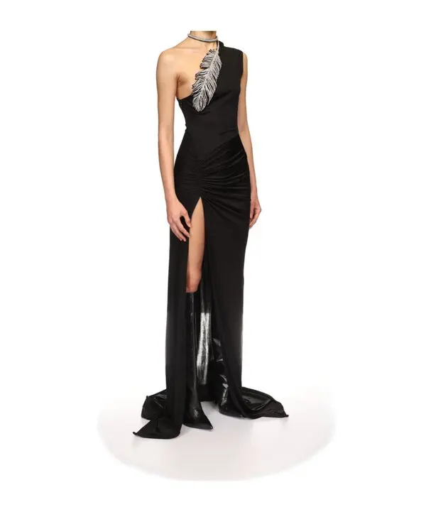 David Koma Crystal Feather One-shoulder Gown