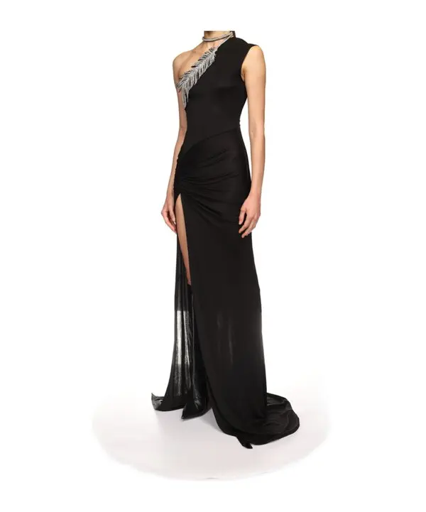 David Koma Crystal Feather One-shoulder Gown