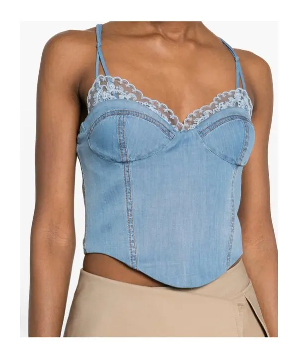 Ermanno Scervino Denim Lace Trimmed Bustier Top - Blue