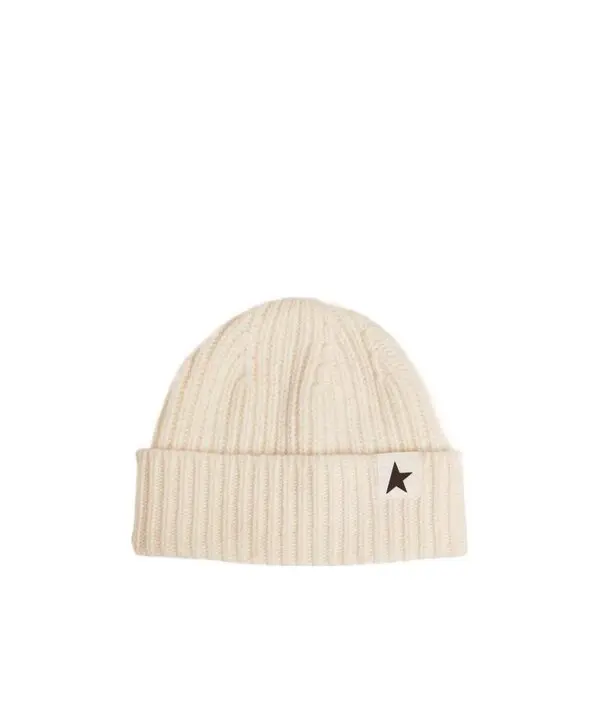 GOLDEN GOOSE Ribbed Beanie With Star Patch - Nude