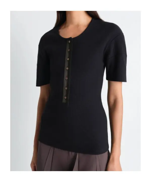 LEMAIRE Ribbed Knit Henley Top - Black