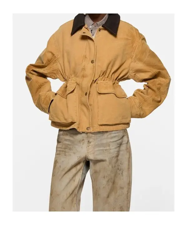 Acne Studios Long-sleeved Jacket With Leather Collar And Drawstring Detail - Yellow