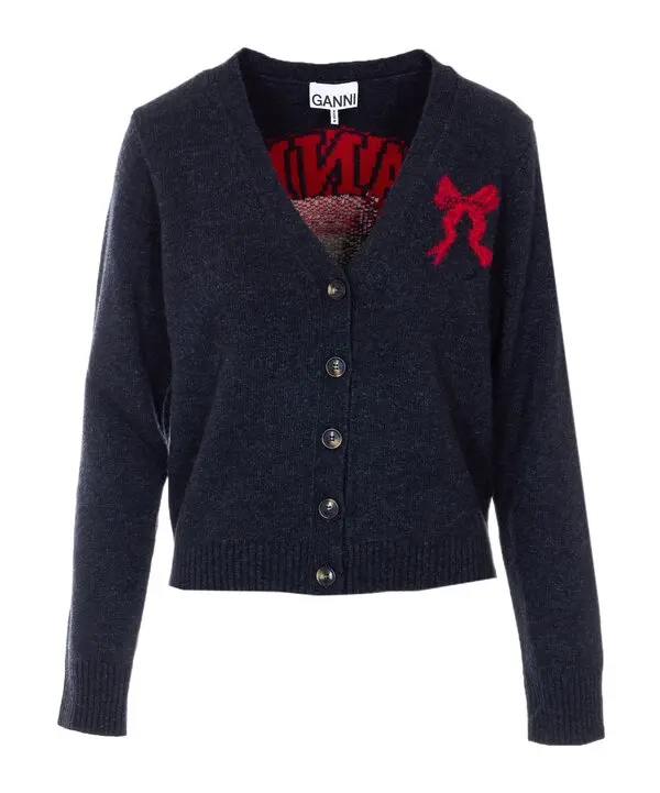 GANNI V-neck Knitted Cardigan With Bow Detail - Phantom Black