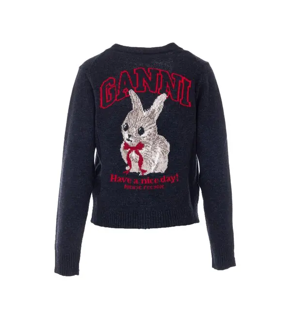 GANNI V-neck Knitted Cardigan With Bow Detail - Phantom Black