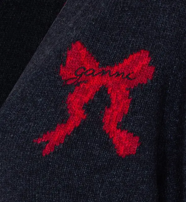 GANNI V-neck Knitted Cardigan With Bow Detail - Phantom Black