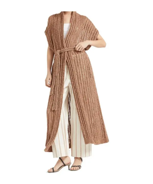 Brunello Cucinelli Long Openwork Rib Cardigan With Ring Belt
