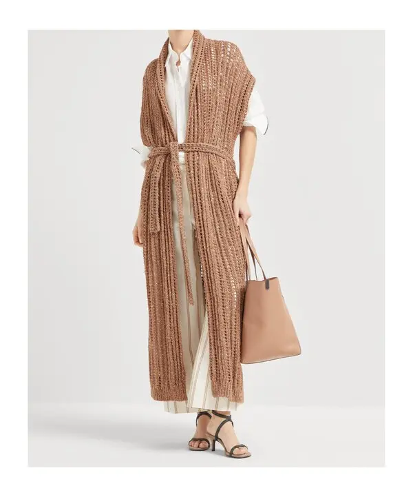 Brunello Cucinelli Long Openwork Rib Cardigan With Ring Belt