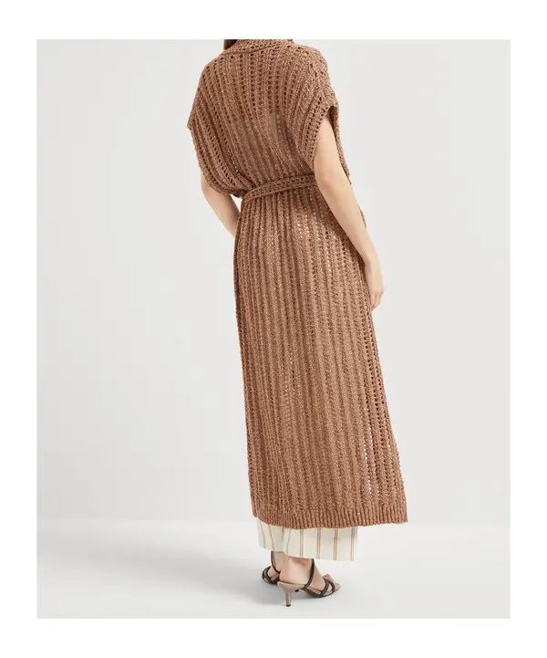 Brunello Cucinelli Long Openwork Rib Cardigan With Ring Belt