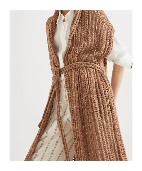 Brunello Cucinelli Long Openwork Rib Cardigan With Ring Belt