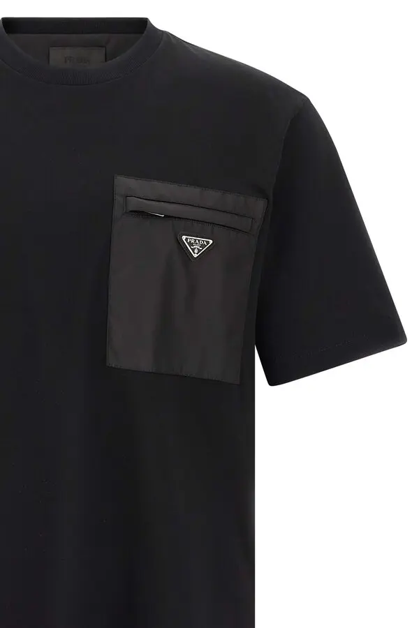 Prada Re-nylon And Jersey T-shirt With Zippered Pocket - Black