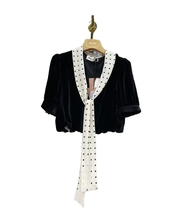Miu Miu Velvet Cropped Blouse With Polka Dot Scarf Collar