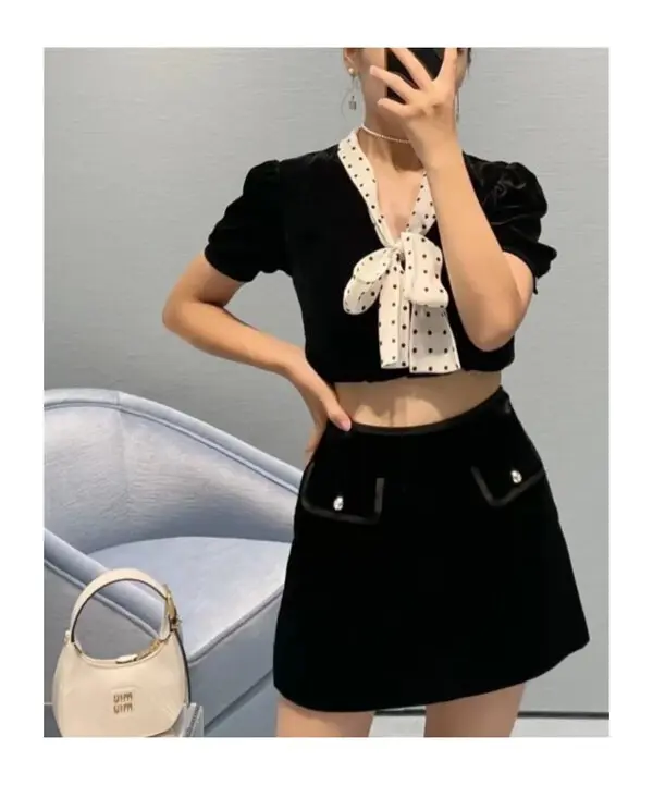 Miu Miu Velvet Cropped Blouse With Polka Dot Scarf Collar