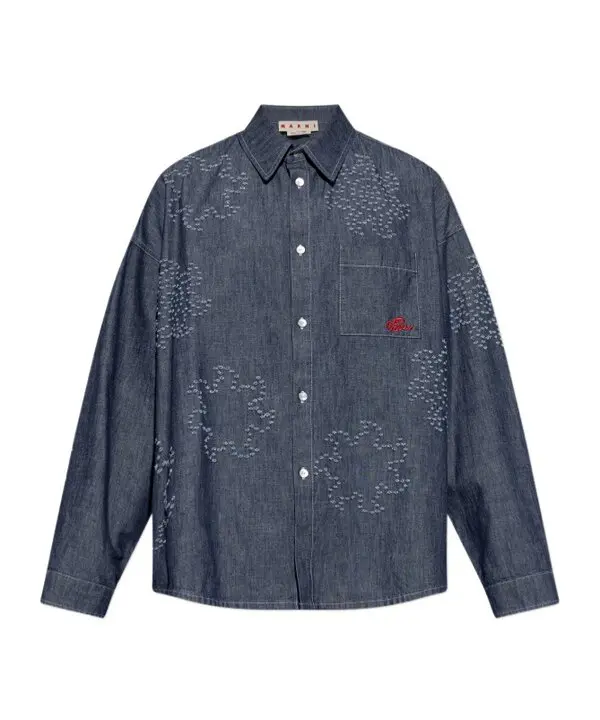 Marni Frayed Pattern Oversized Chambray Shirt - Blue