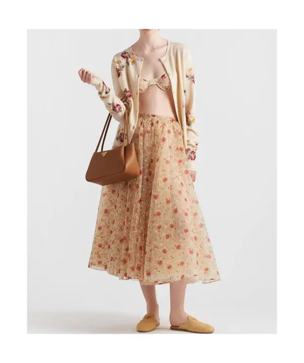 Prada Floral Printed Midi Skirt - Red
