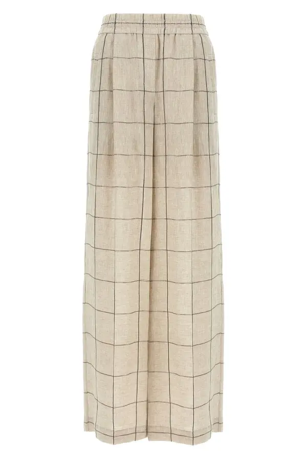 Brunello Cucinelli Wide Leg Plaid Linen Pants - Nude