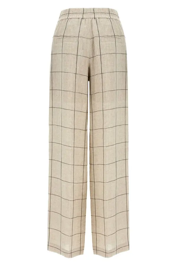 Brunello Cucinelli Wide Leg Plaid Linen Pants - Nude