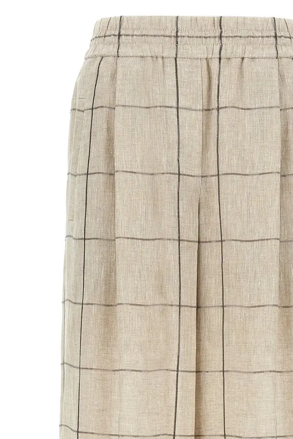 Brunello Cucinelli Wide Leg Plaid Linen Pants - Nude