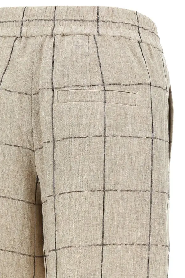 Brunello Cucinelli Wide Leg Plaid Linen Pants - Nude