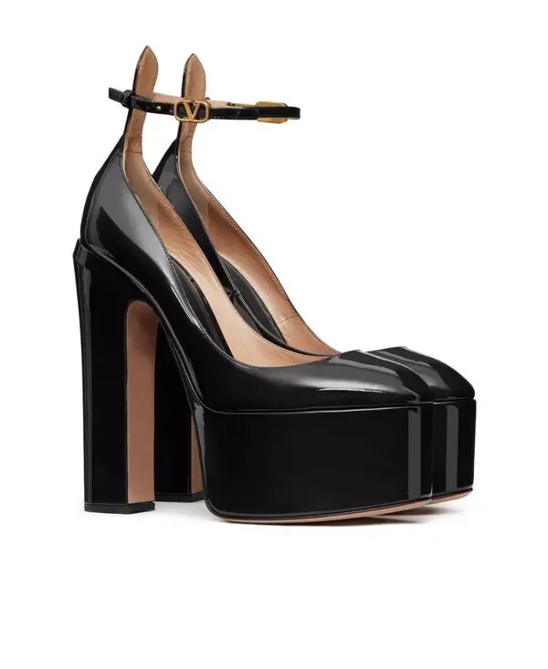 Valentino Garavani Tan-go Round Toe Platform Pumps With Vlogo Buckle - Black