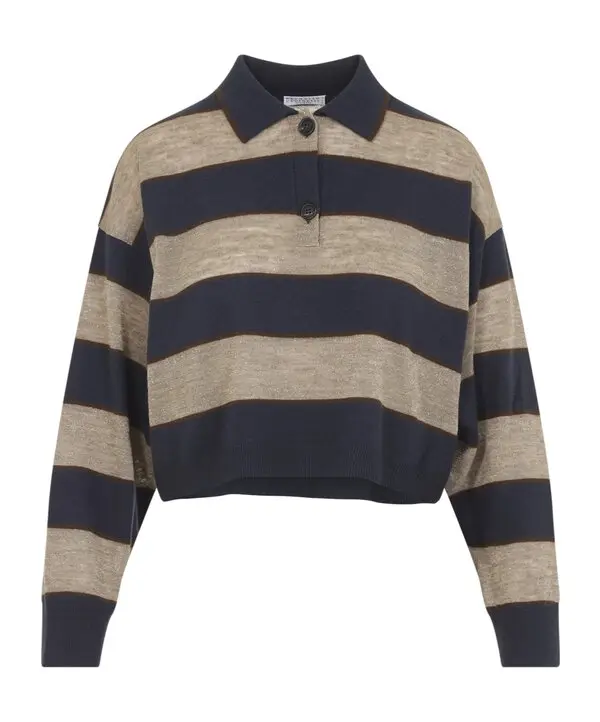 Brunello Cucinelli Striped Cropped Knit Polo Shirt - Black