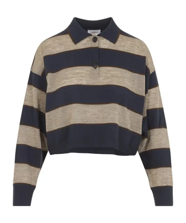 Brunello Cucinelli Striped Cropped Knit Polo Shirt - Black
