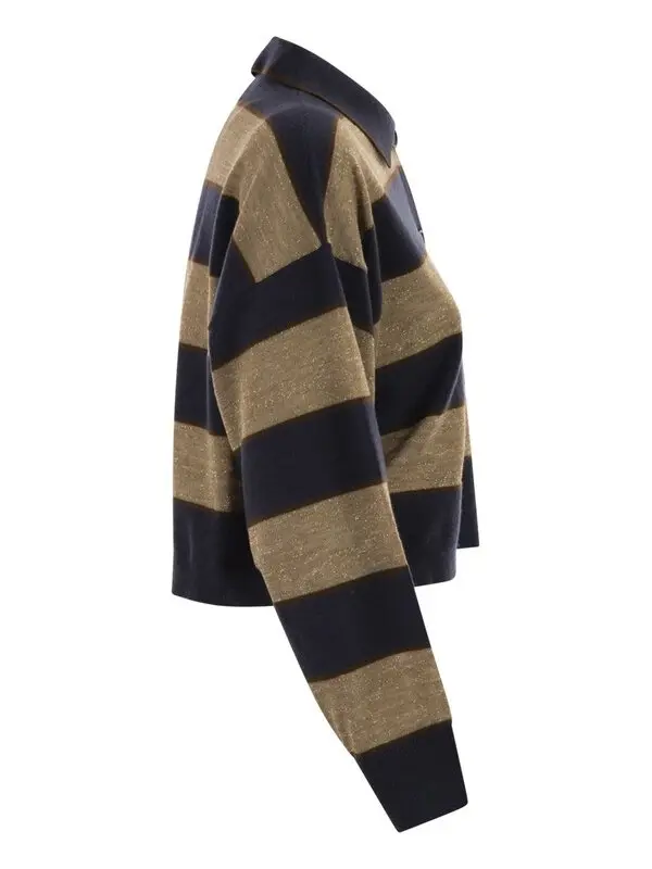 Brunello Cucinelli Striped Cropped Knit Polo Shirt - Black