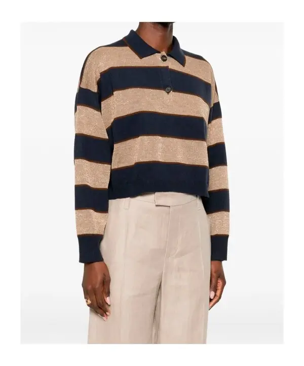 Brunello Cucinelli Striped Cropped Knit Polo Shirt - Black
